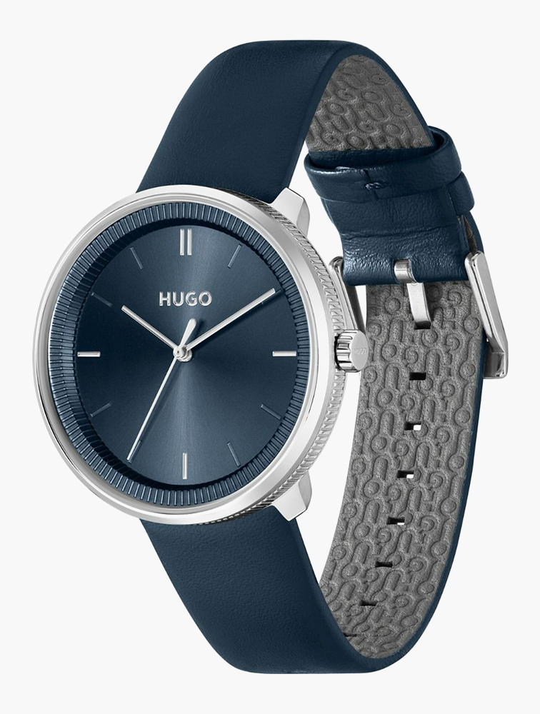 MyRunway | Shop Hugo Boss Silver Steel Fluid Watch With Navy Leather ...