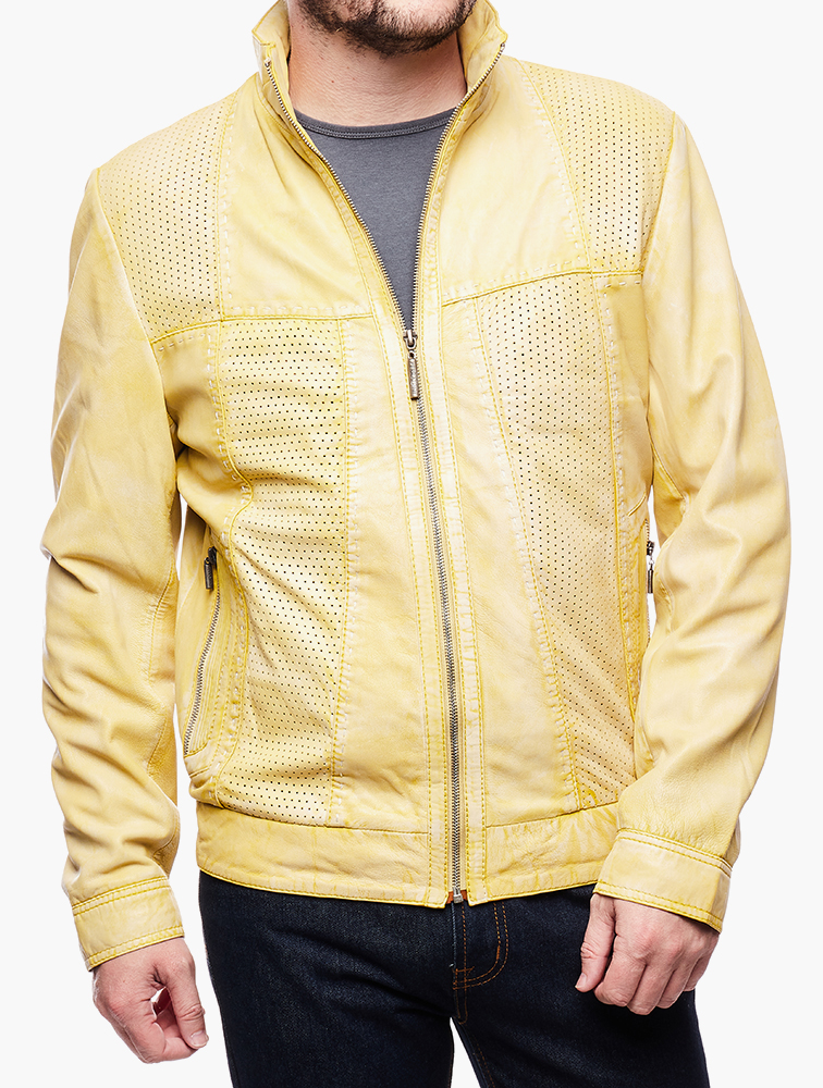 MyRunway | Shop Leather Lounge Yellow Contrast Stitching Leather Jacket ...