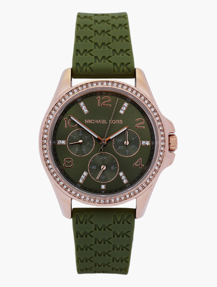 MyRunway | Shop Michael Kors Green & Rose Gold Round Outlet Pilot Watch ...