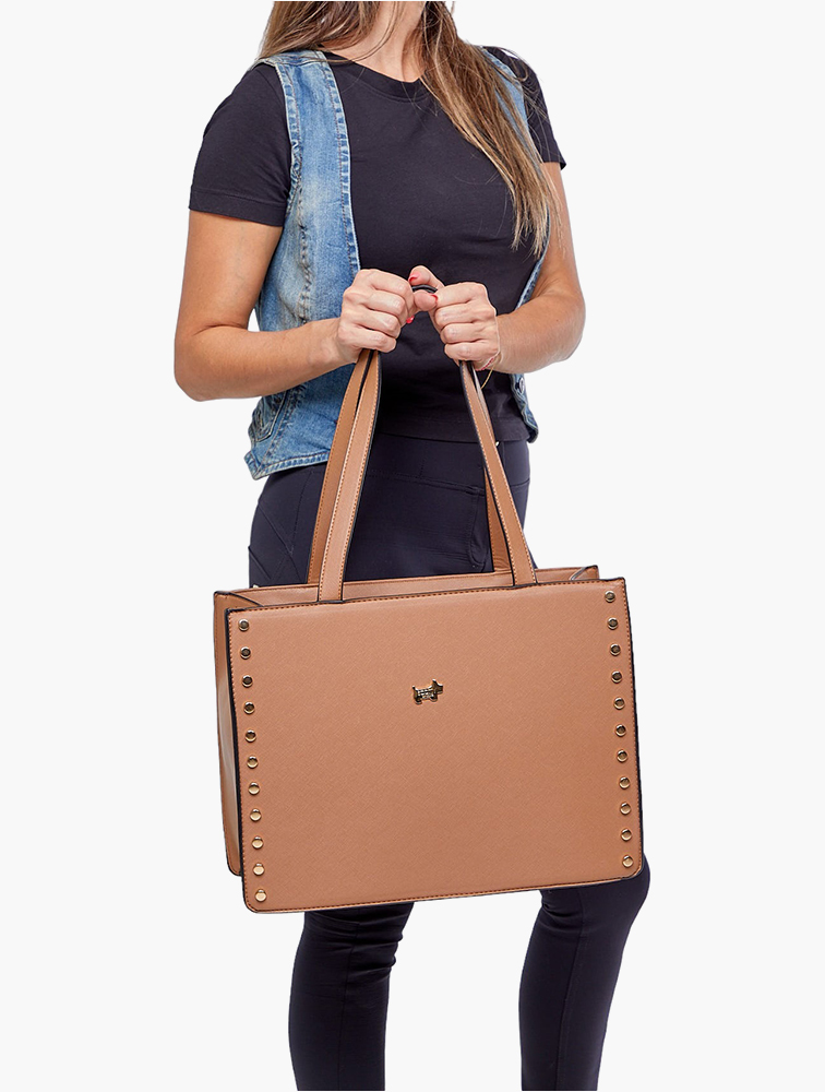 MyRunway | Shop Scotty Bags & Co. Ipanema Sand The Zuko Studded Tote By ...