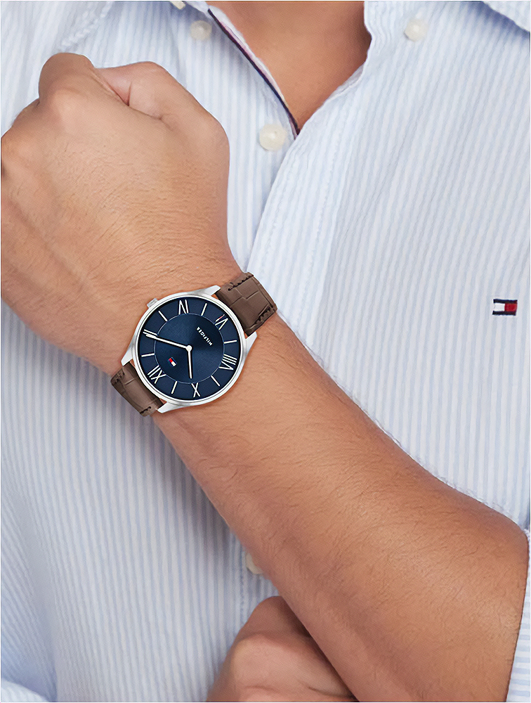 MyRunway | Shop Tommy Hilfiger Brown Leather Navy Dial Slim Watch for ...