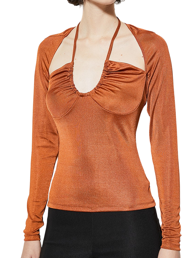 MyRunway | Shop VELVET Copper Halter Neck Long Sleeve Top for Women ...
