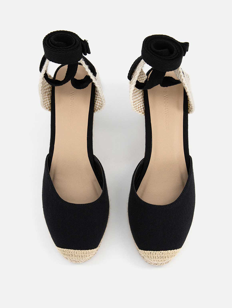 MyRunway | Shop Woolworths Black Ankle Tie Espadrille Wedges for Women ...