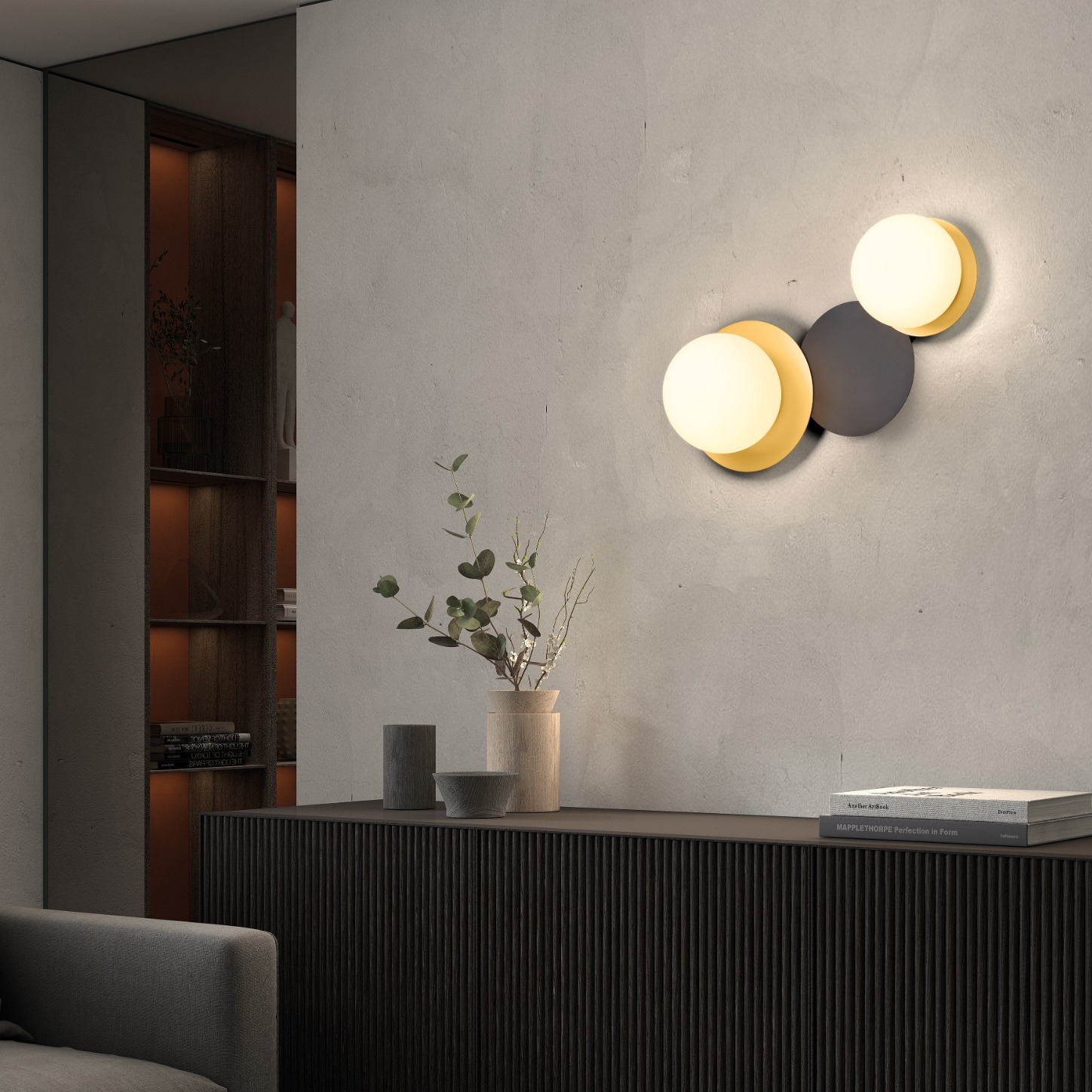 Applique murale, Floc Duo Plus M, laiton mat, noir mat, IP44, L49,7cm ...