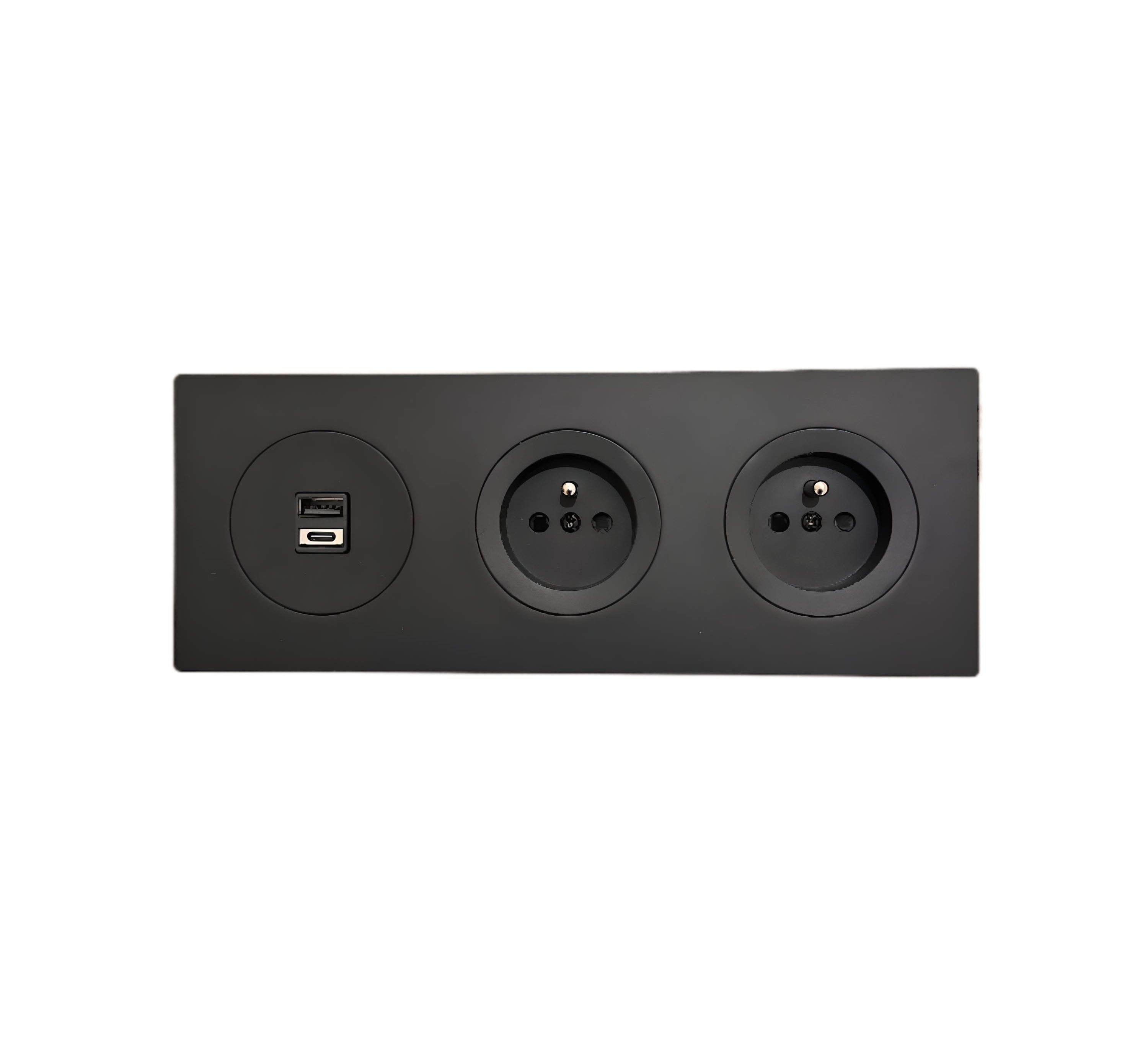 Prise, DOM, Triple horizontal, Noir mat, Prise-USB A x1, Prise-2P+T x2 ...