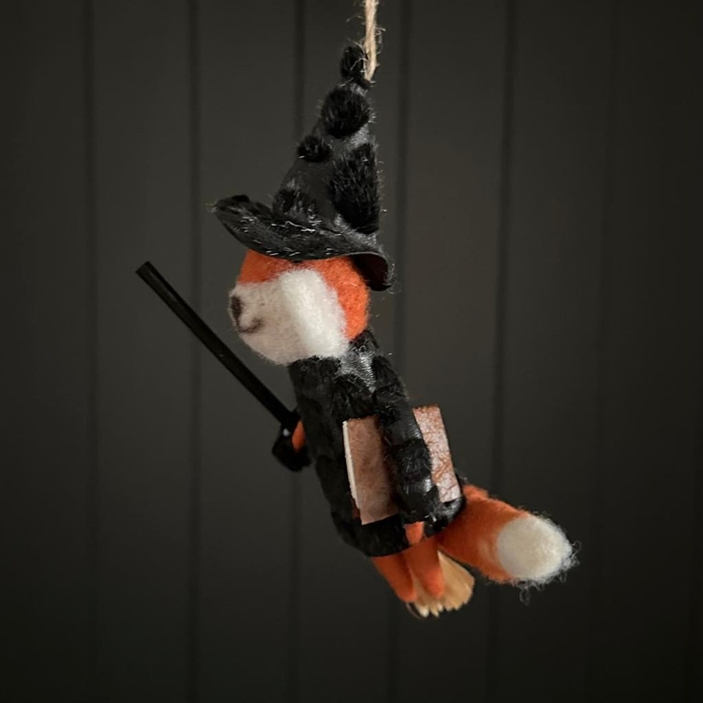 Wool Fox Witch With Broom Hanging Halloween Decoration