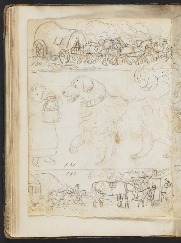 Three drawings: Figures on horseback, child with a dog, horses and ...