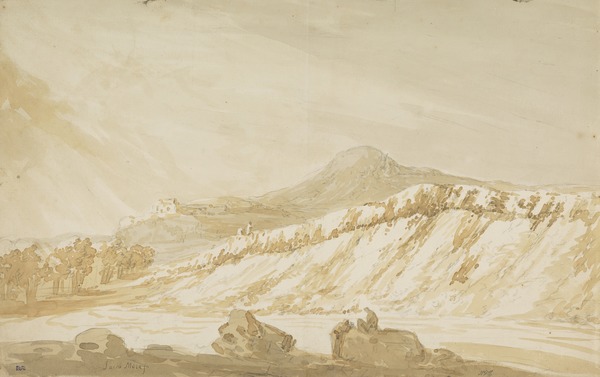 Landscape with Castle Ruins in the Background - Two Figures on a Rock ...