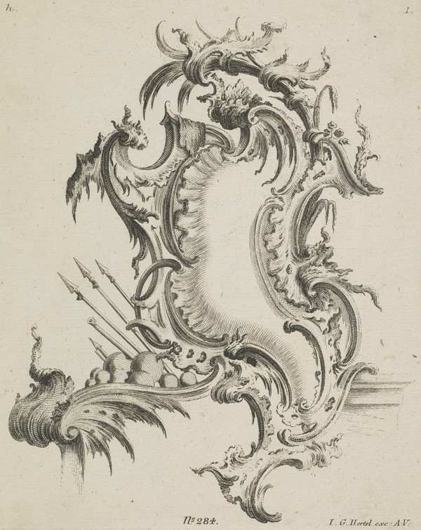Design for a Rococo Cartouche, featuring spears and canonballs by ...
