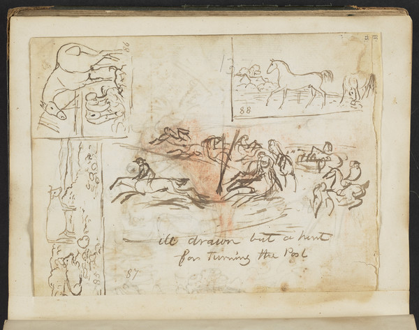 Four drawings: cows in a landscape, horse and man, and horses grazing ...