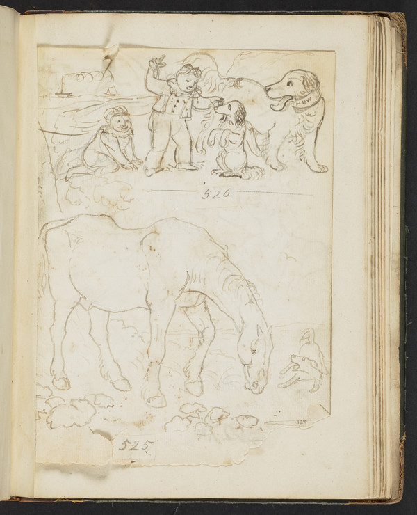 Two drawings: Horses grazing, and children playing with dogs by James ...