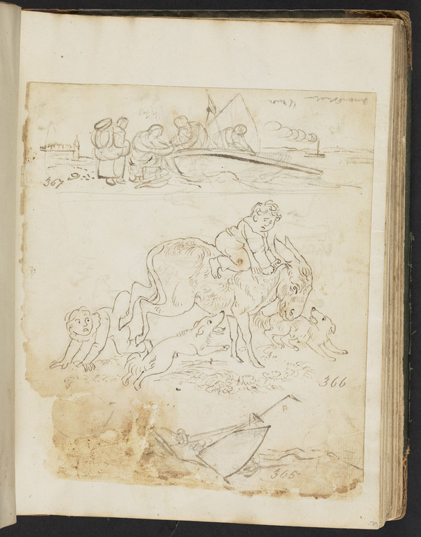 Three drawings: figures boarding a small boat, children playing with ...