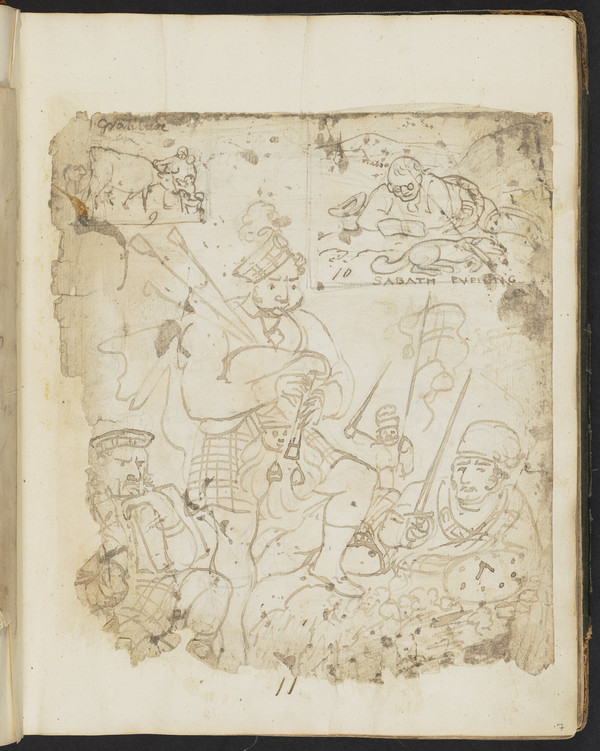 Three drawings: Animals and figures, man reading, and a Military scene ...
