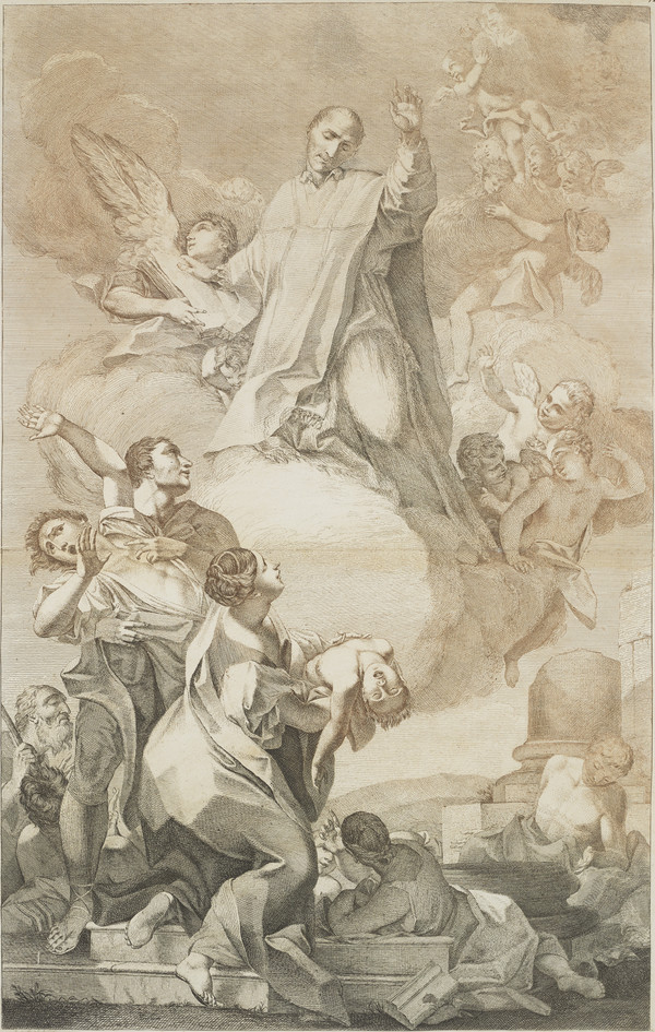 Dying people imploring a saint kneeling on a cloud accompanied by ...