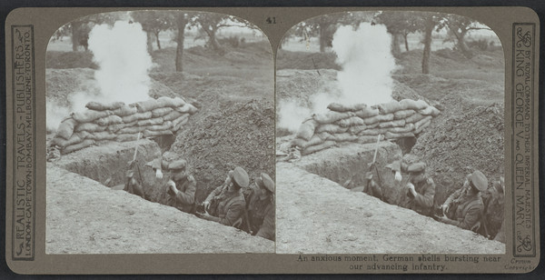 An anxious moment, German shells bursting near our advancing infantry ...