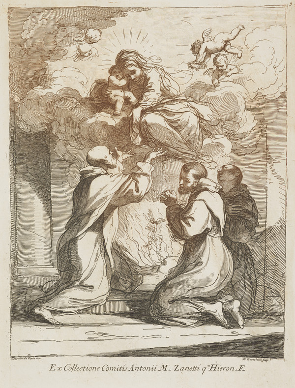 The Virgin and Child accompanied by angels appearing to three kneeling ...
