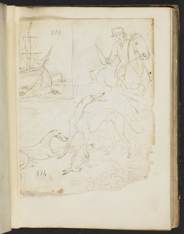 Two drawings: Boats sailing and huntsmen and dogs by James Howe ...