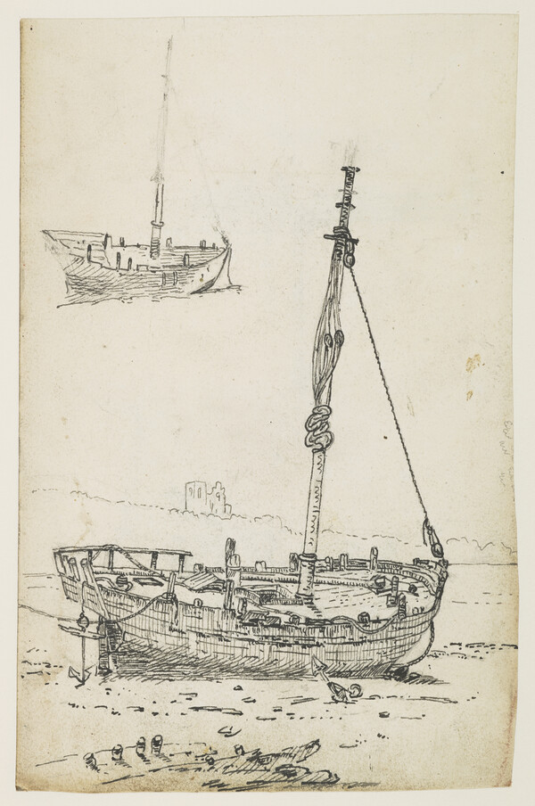 Beached Single Masted Sailing Ship, with Abbey in the Background [Verso ...