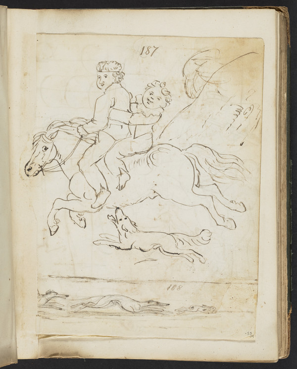 Two drawings: Figures riding a horse, and hounds chasing a rabbit by ...