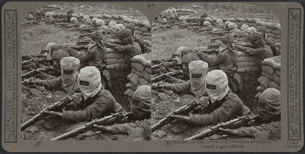 Infantry in the front line trenches prepared to meet a gas attack by ...