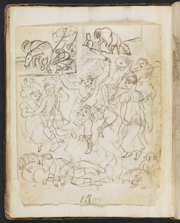 Two drawings: Blacksmith giving horse a new shoe, and a party scene by ...