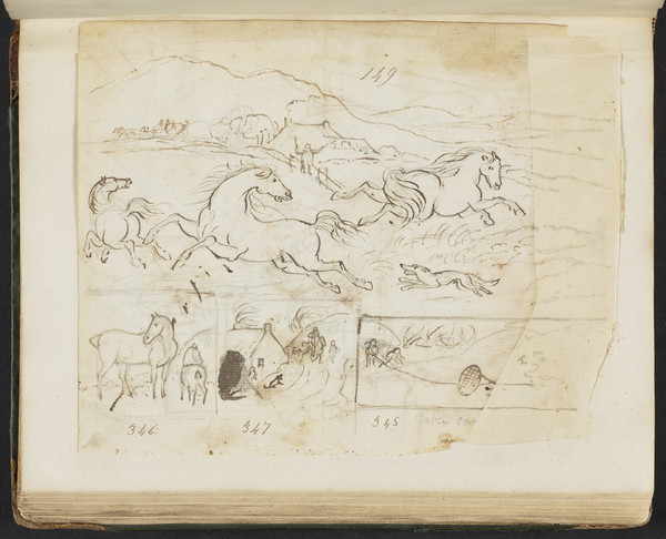 Four drawings: Two of horses, one of a cottage and one of a landscape ...