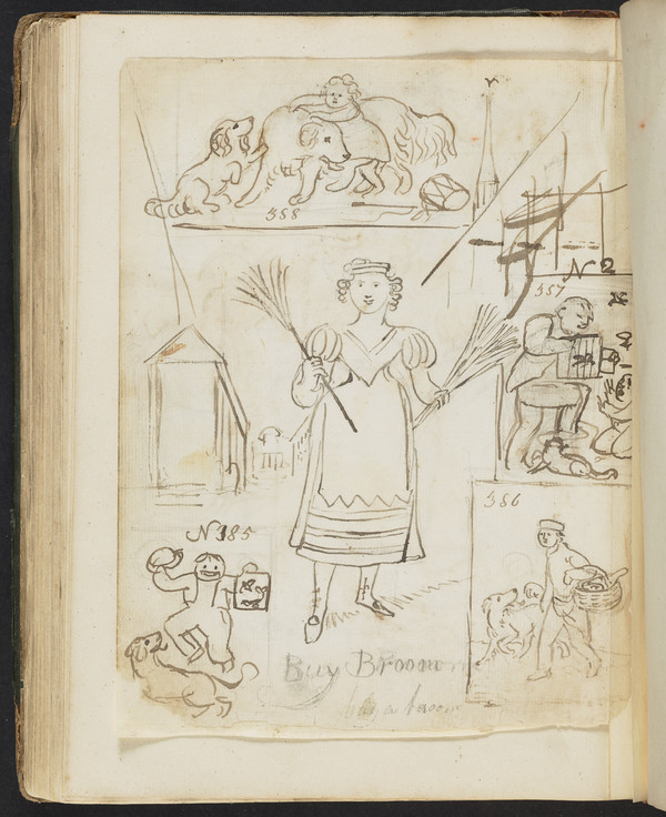 Four drawings: Woman selling brooms, man with a dog, figures with caged ...