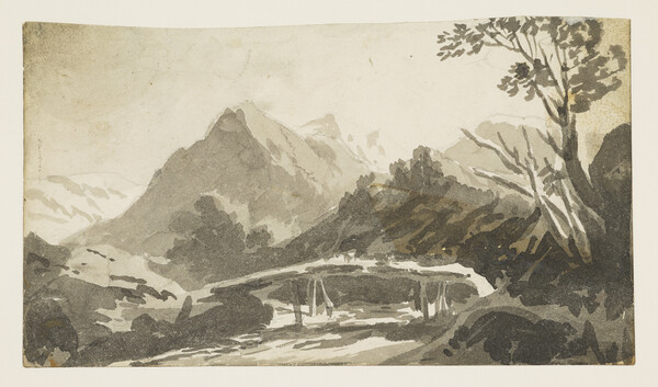 Mountain Landscape with Wooden Bridge over River [Verso: Compositional ...