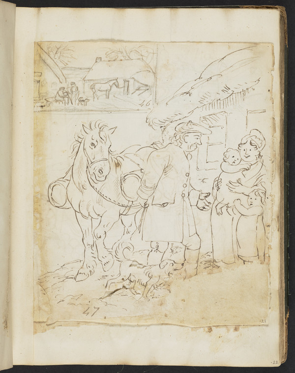 Two drawings: pastoral scene and man and woman at a cottage door by ...