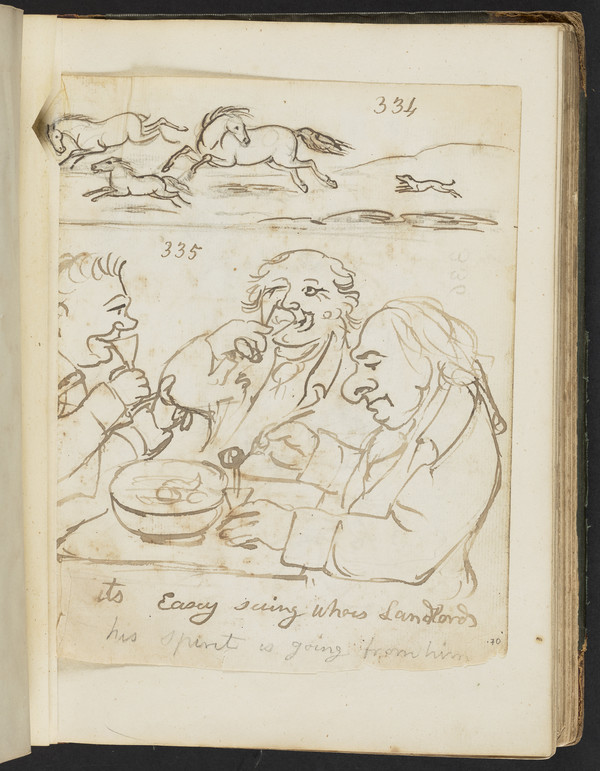 Two drawings: Horses chased by dogs and men drinking by James Howe ...