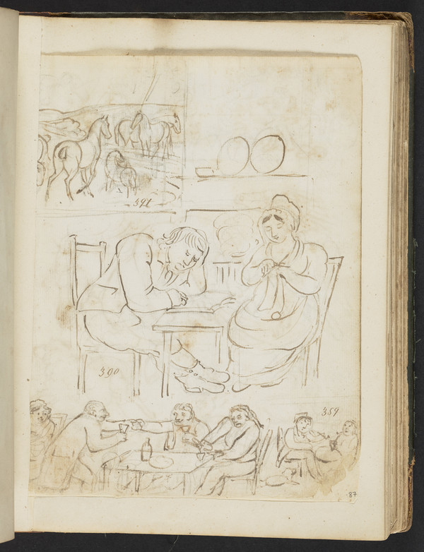 Three drawings: men drinking, man and woman sitting at a table, and ...