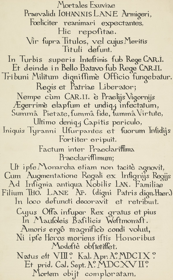Inscription in Latin pertaining to John Lane, Armiger [relating to ...