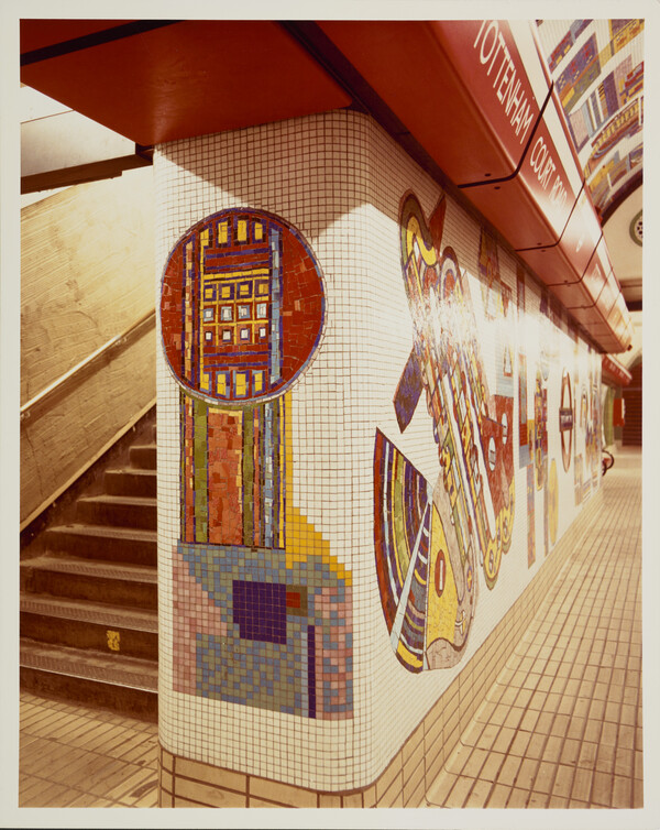 Colour print in situ shot of Tottenham Court Road mosaics: staircase on ...
