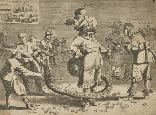Satire of Oliver Cromwell with a long snake's tail filled with coins ...