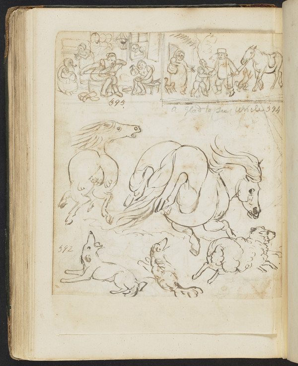 Three drawings: dogs chasing horses, a domestic scene, and figures ...