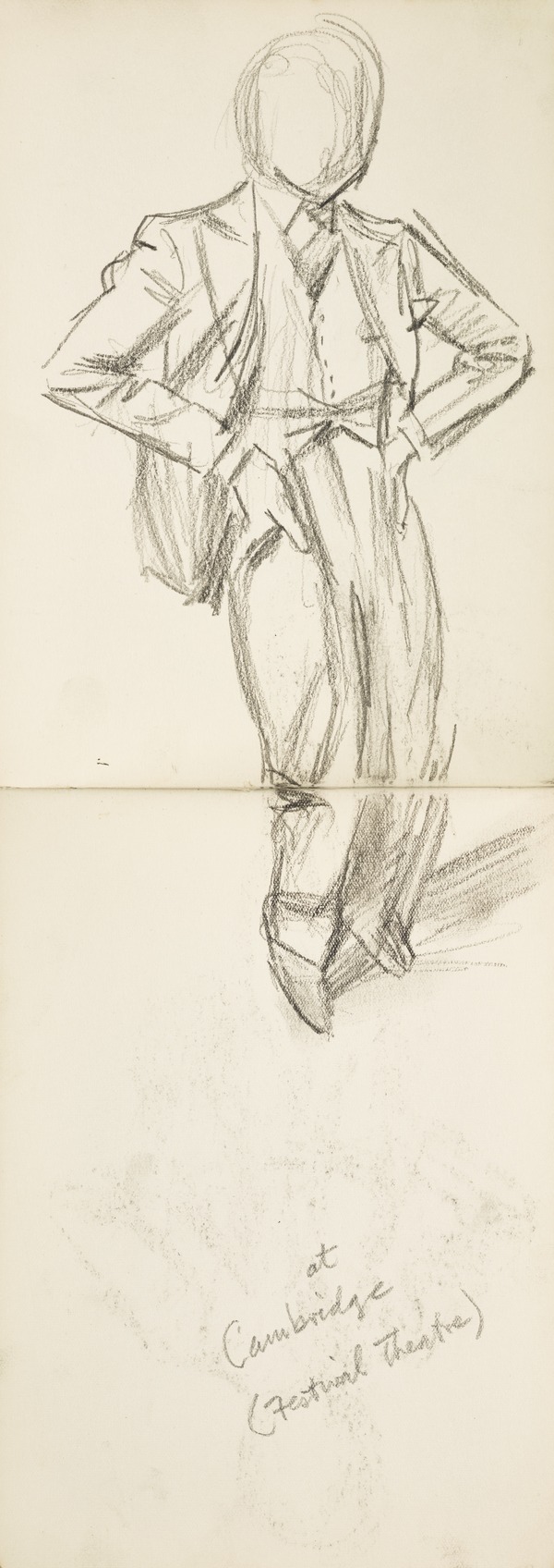 Sketch of a man in a suit, inscribed "at Cambridge, Festival Theatre ...