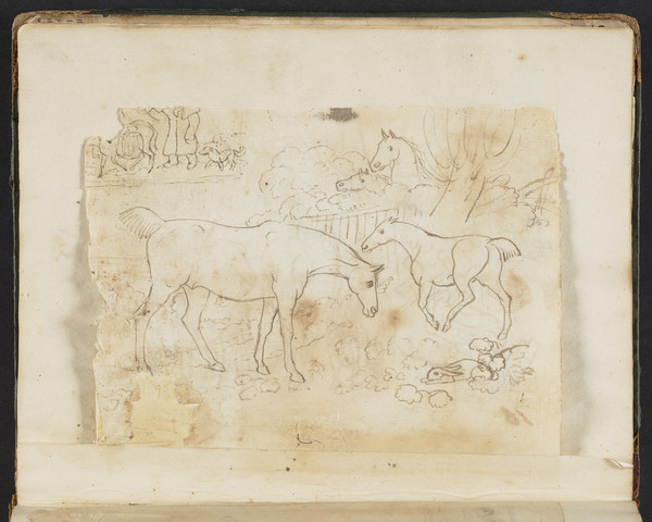Two drawings: damaged fragment of a dog and a horse, and larger image ...