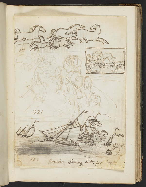Four drawings: two of horses, one of man and woman with horse and ...
