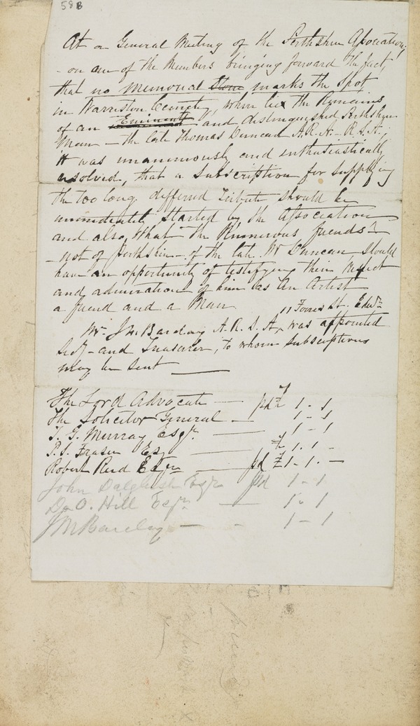 Sheet of text minuting a meeting to raise subscriptions for a memorial ...