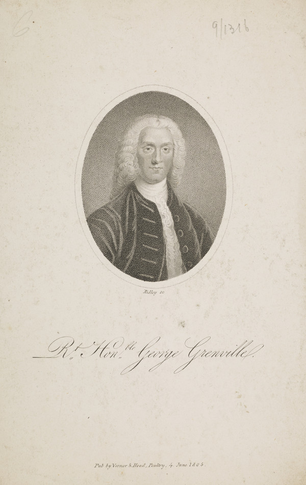 Rt. Honble. George Grenville, 1712 - 1770. Prime Minister by Ridley ...