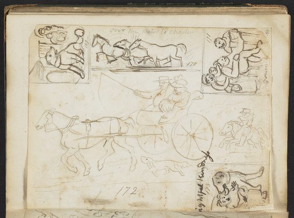 Five drawings: Horses, figures gathered around a table, man with horse ...