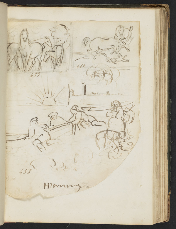 Three drawings: One depicting fishermen on the shore at sunrise, and ...