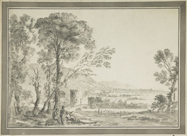 River Landscape and Towered Bridge with Figures by Jacob More ...