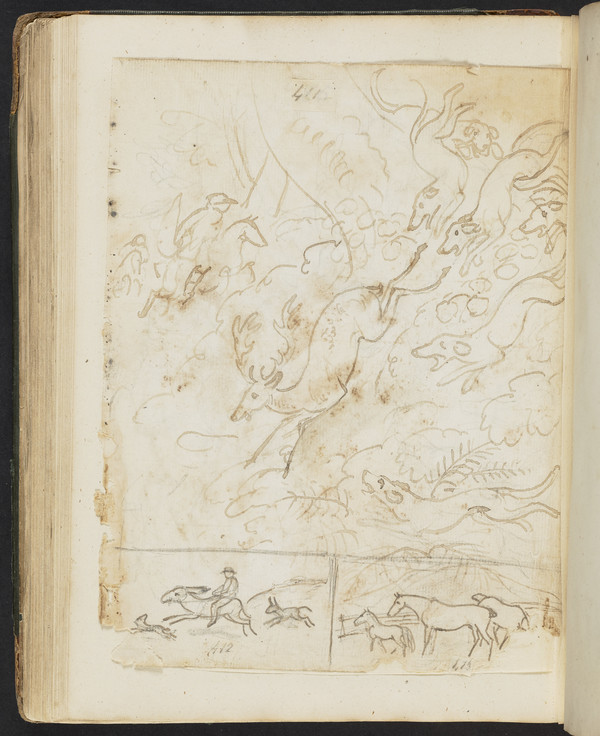 Three drawings: A hunt with dogs chasing a deer, a man on horseback ...