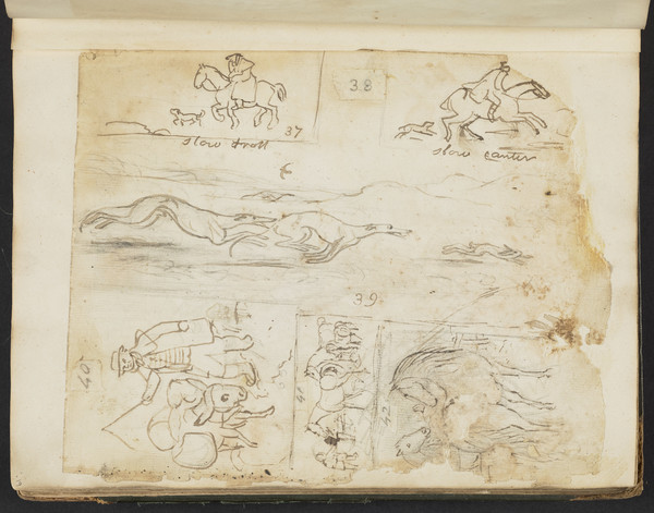 Six drawings: man on horseback, man on horseback, dog chasing a hare ...