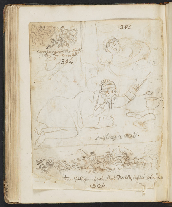 Three drawings: Figures, man looking under a bed and the races by James ...