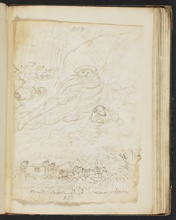 Two drawings: Shepherd with flock and a mail coach caught in a snow ...