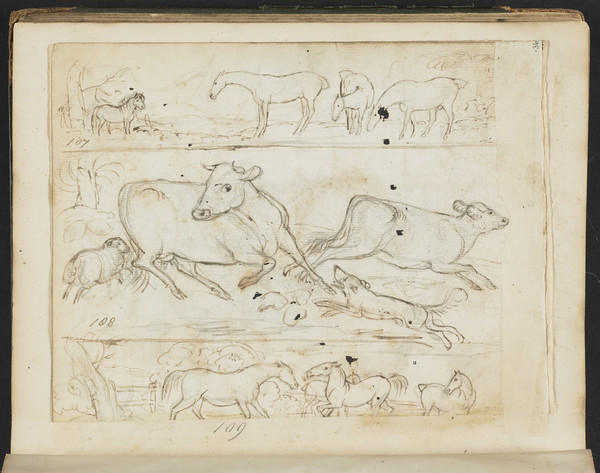 Three drawings: One of farm animals and two of horses grazing by James ...