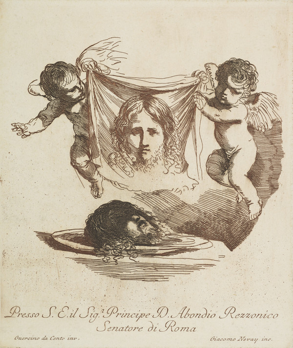 Head of John the Baptist with two angels carrying a cloth imprinted ...