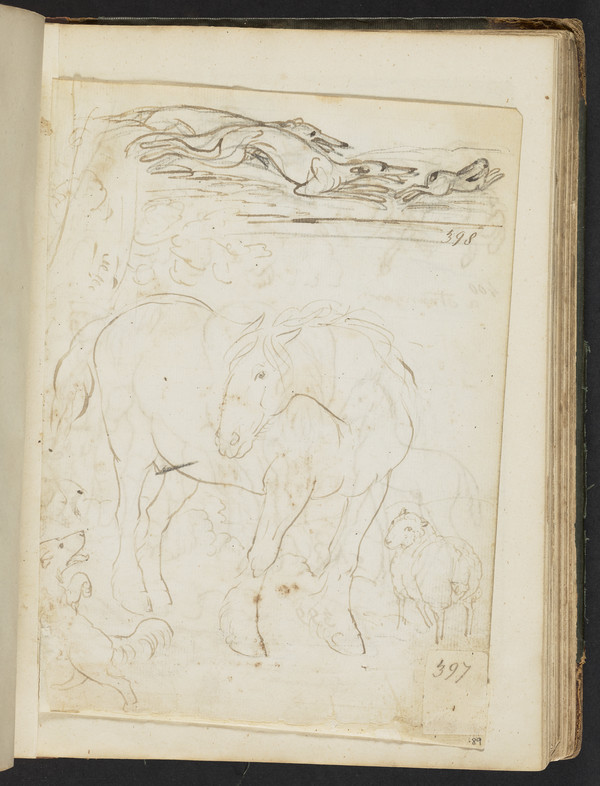 Two drawings: dogs chasing a rabbit, and a large horse by James Howe ...